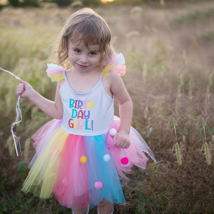 Geburtstagskleid Birthday Girl 4-5 Jahre Tüllkleid bunt mit Haarreif